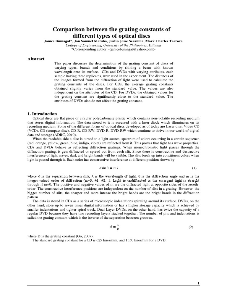Grating Constants of CDs and DVDs | PDF | Compact Disc | Dvd