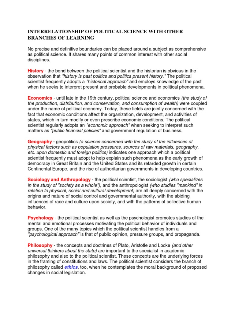 Interrelationship of Political Science With Other Branches of Learning ...