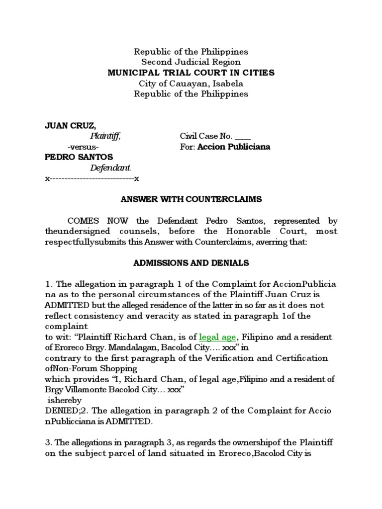 Sample Answer To Accion Publiciana | PDF | Judiciaries | Social ...