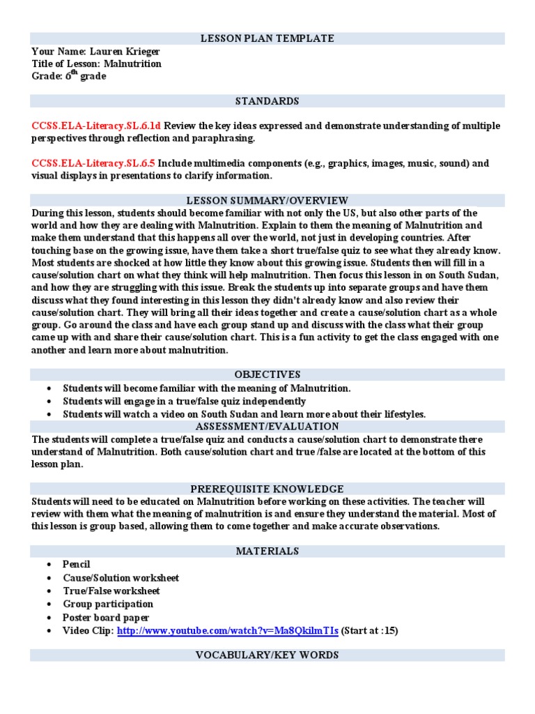 lesson plan | Malnutrition | Lesson Plan