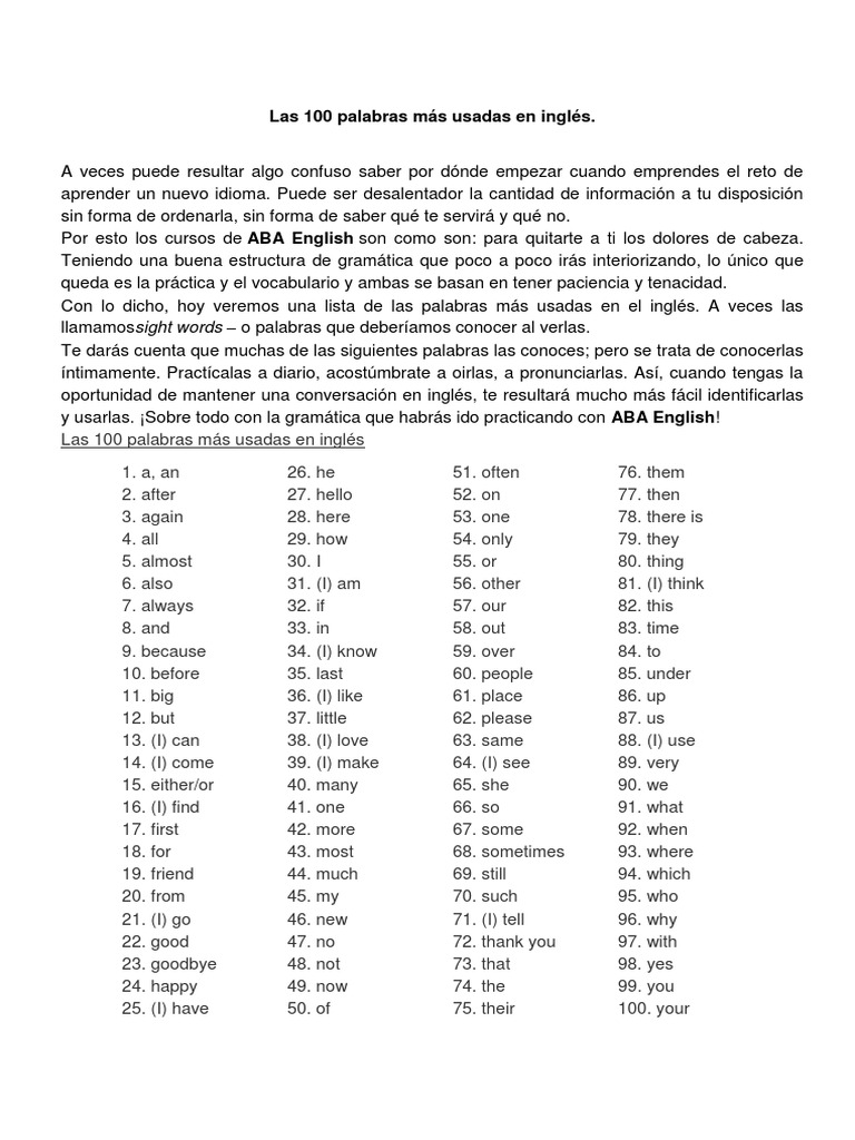 100 Palabras Comunes en Inglés | PDF