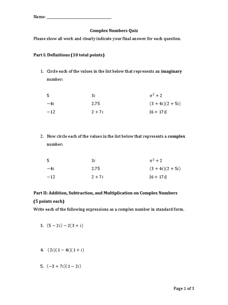 Complex Numbers Quiz | PDF