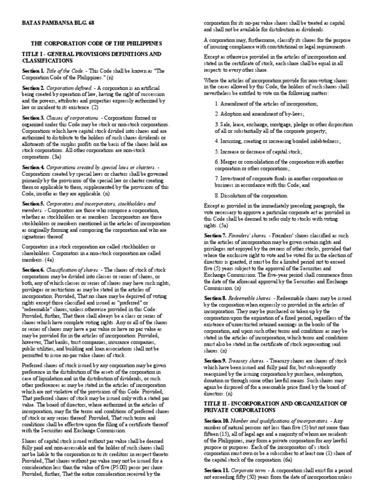 BP 68. Corporation Code | PDF | Corporations | Stocks