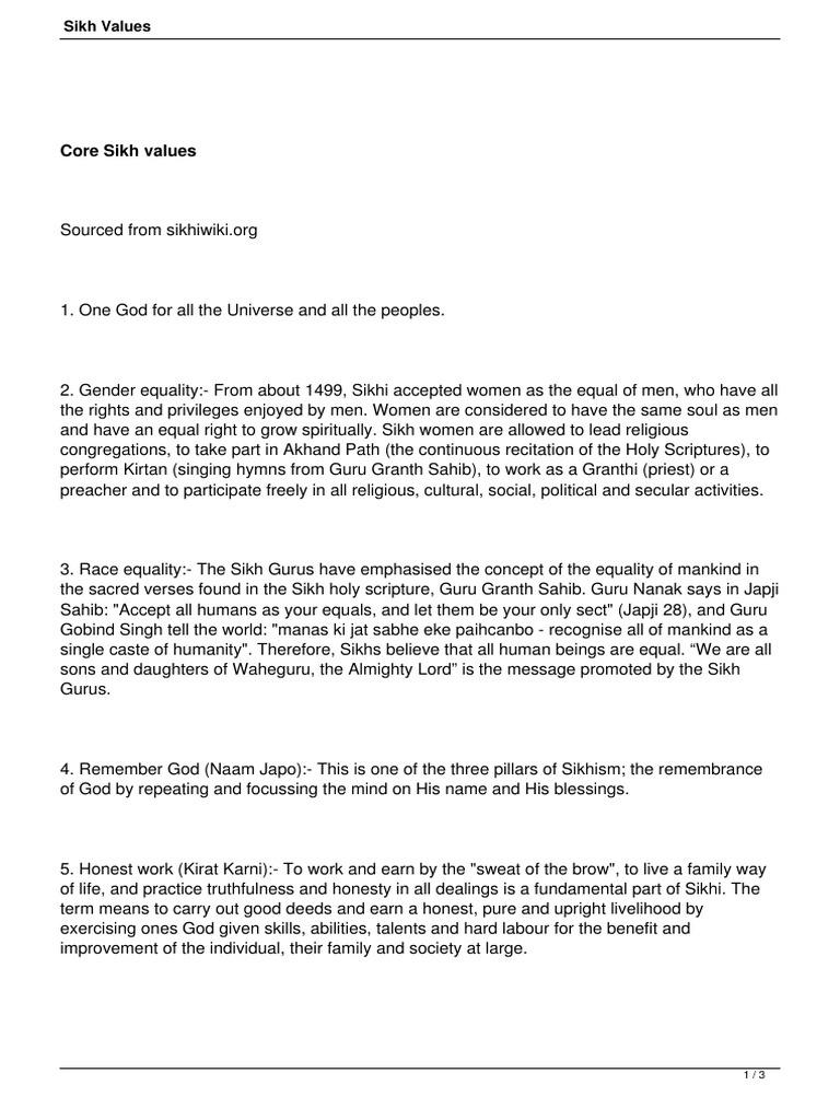 Sikh Values | Download Free PDF | Indian Religions | Monotheism