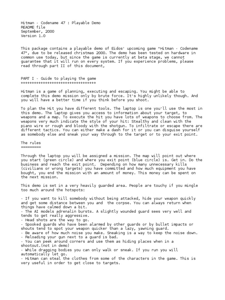 Hitman Demo Gameplay & Setup Guide | PDF | Computer Hardware | Ibm Pc ...