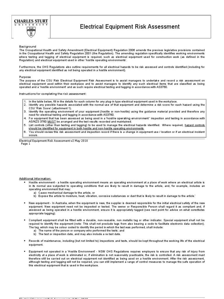 Electrical Equipment Risk Assessment v2.0 | Occupational Safety And ...