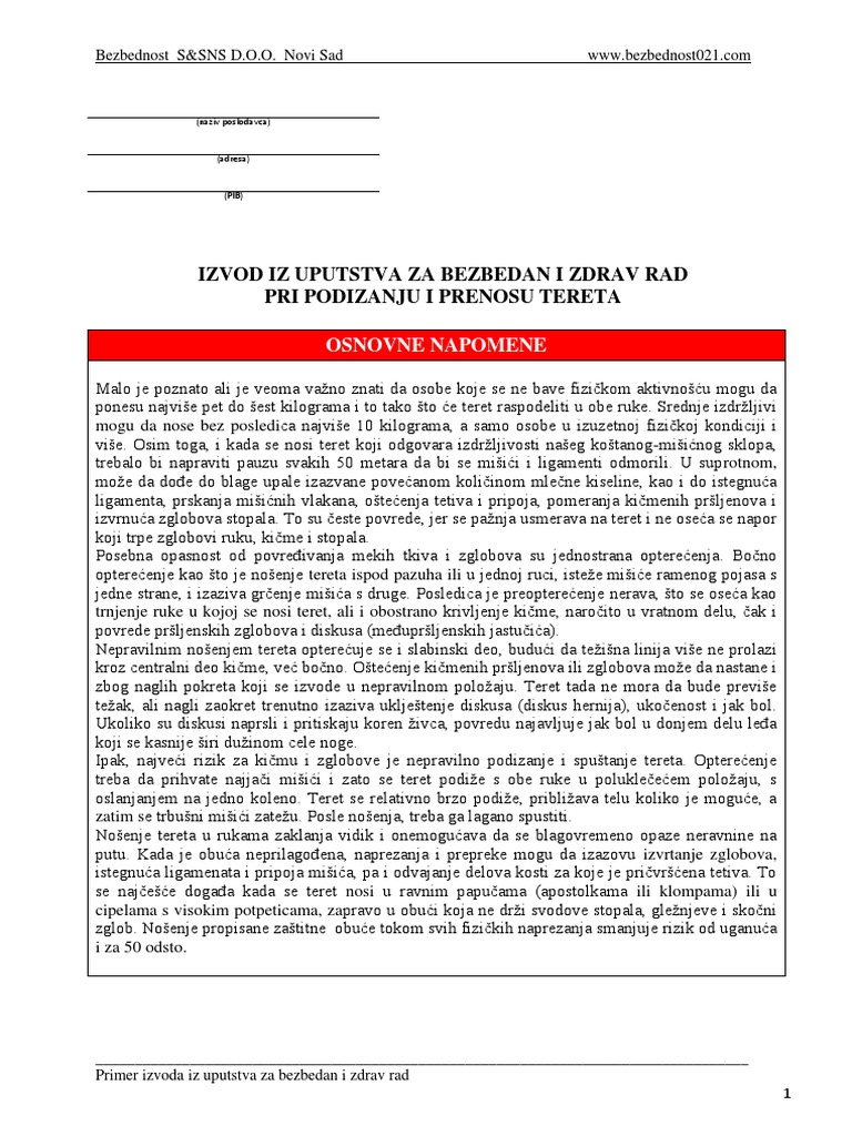 BZNR Pri Podizanju I Prenosu Tereta | PDF