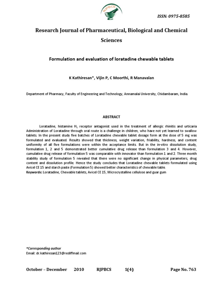 Loratadine Chewable Tablet Formulation | PDF | Tablet (Pharmacy ...