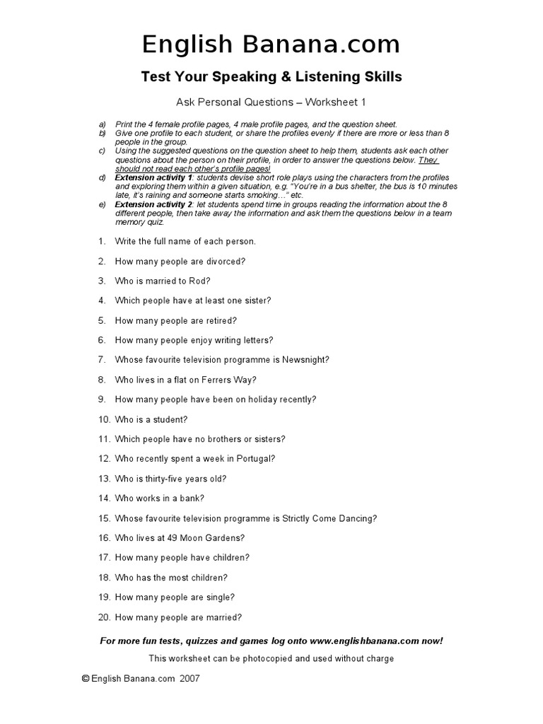 Ask Personal Questions Worksheet 1 English | PDF | Cognition