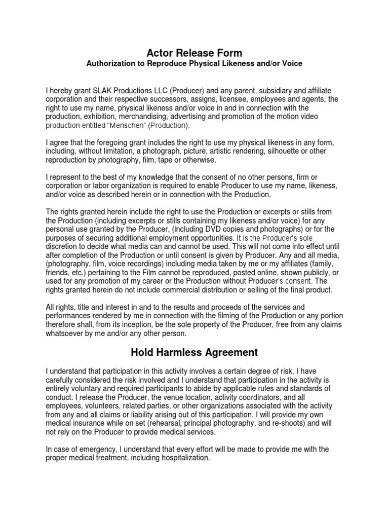 Actor Release Form for Production | PDF | Law