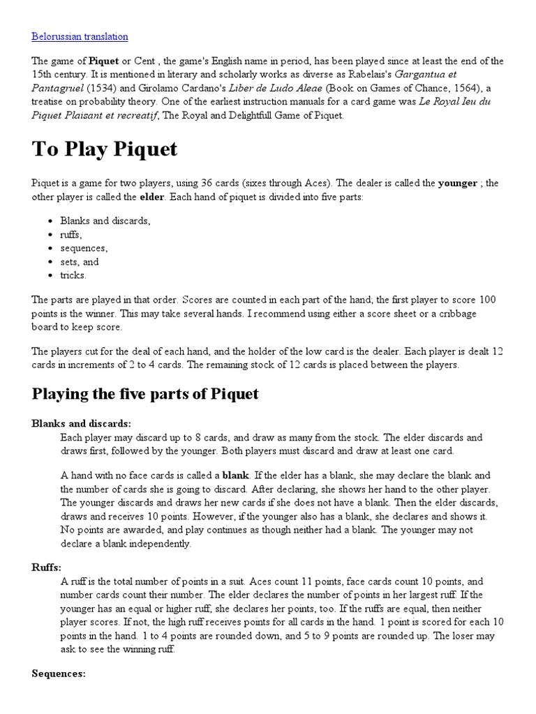 Piquet Card Game Guide | PDF | Gaming Devices | Playing Cards