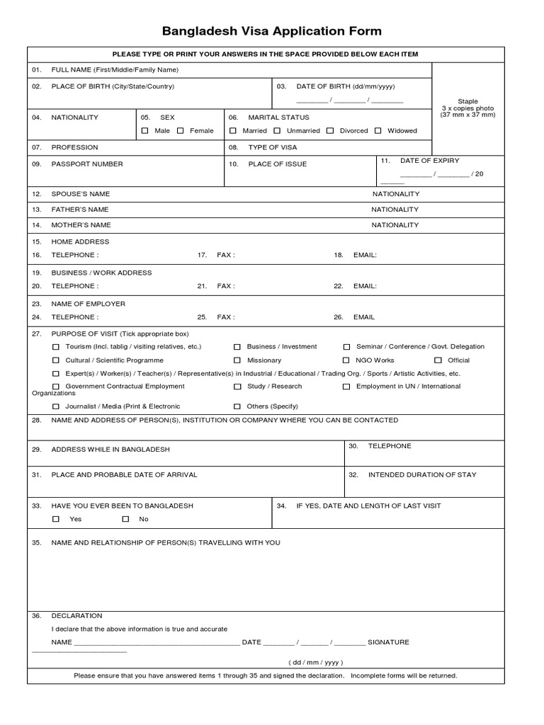 Bangladesh Visa Application Form | PDF | Visa (Document) | Government