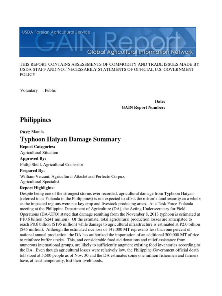 Typhoon Haiyan Damage Summary Manila Philippines, Global Agriculture ...