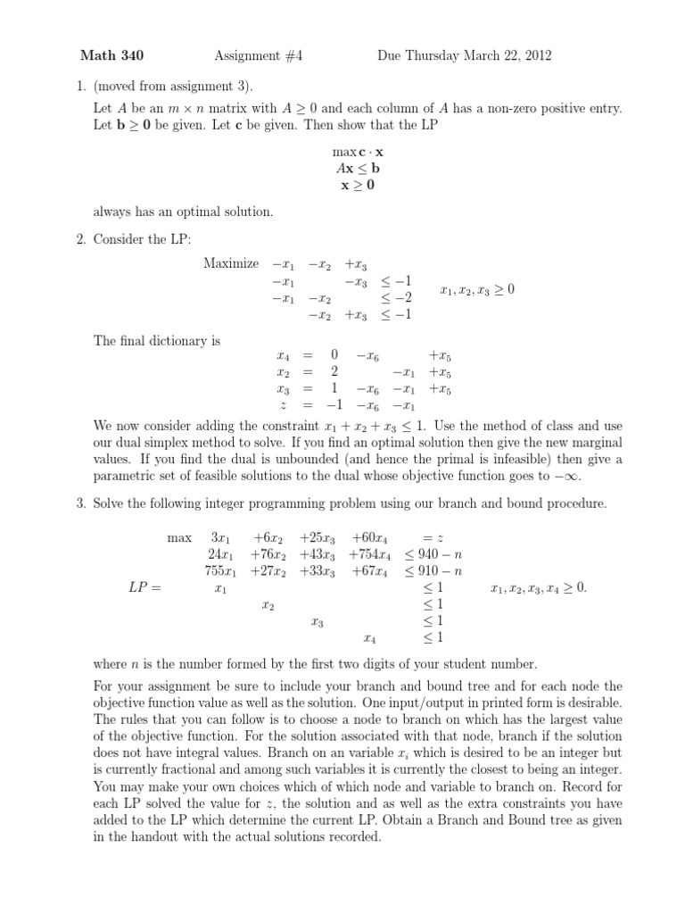 Math 340 Assignment #4: Solving Linear and Integer Programs | PDF ...