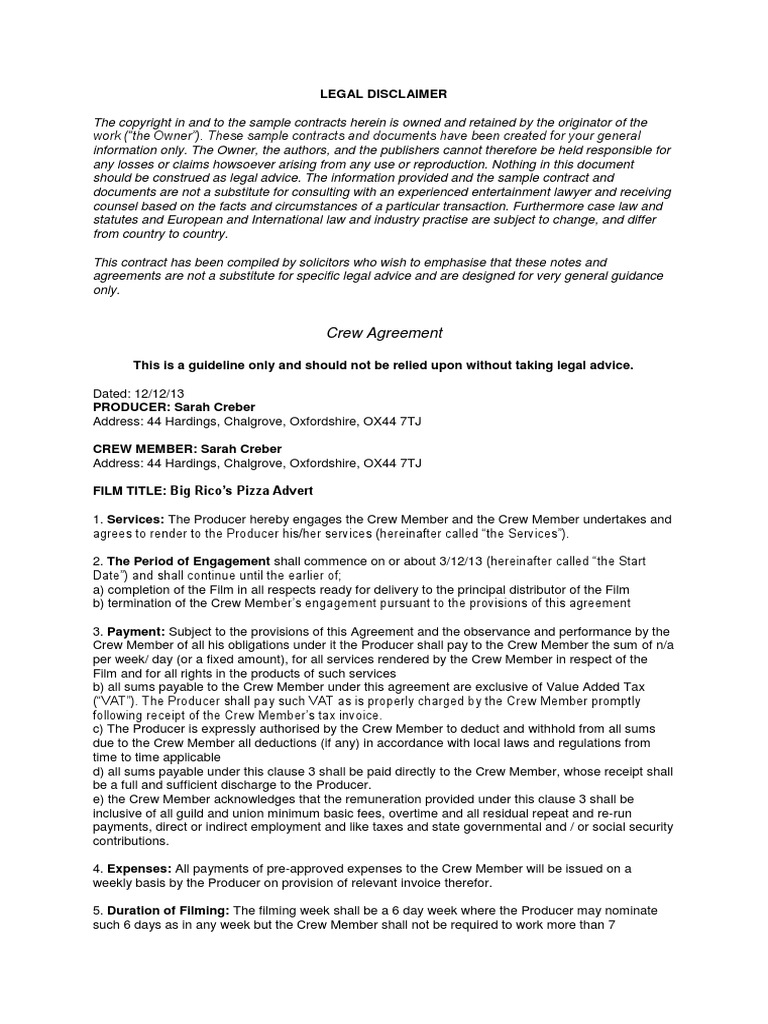 Crew Agreement | PDF | Breach Of Contract | Indemnity