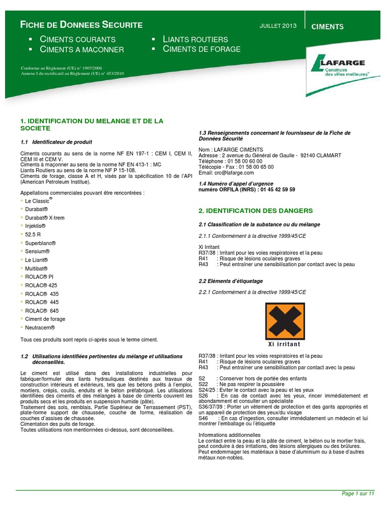 FDS Ciments 2013 07 | PDF | Carcinogène | Ciment