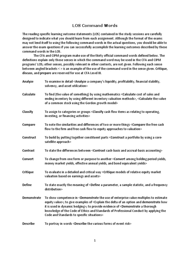 CFA Level 1 LOS Command Words Guide | PDF | Valuation (Finance ...