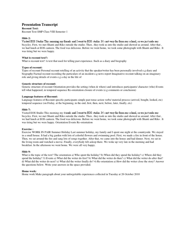 Presentation Transcript: Recount Text | PDF | Grammar