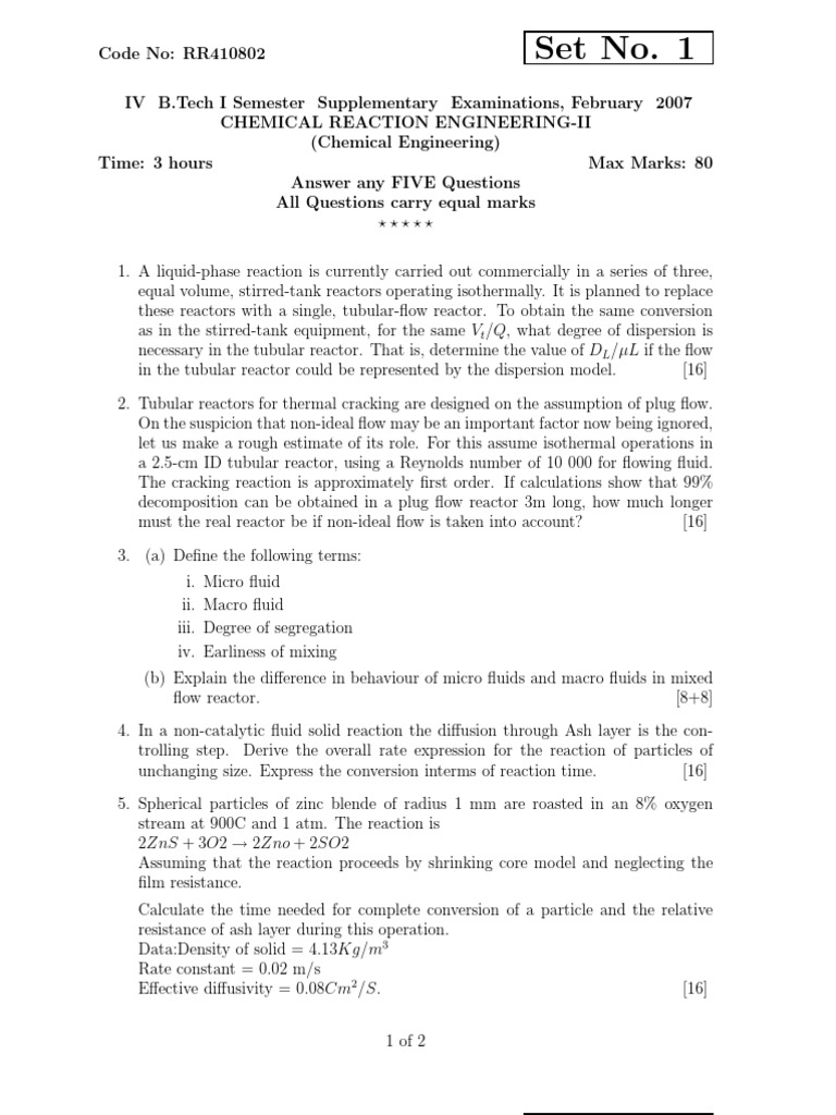 Feb 2007 Chemical Reaction Engineering Exam | PDF | Chemical Reactor ...