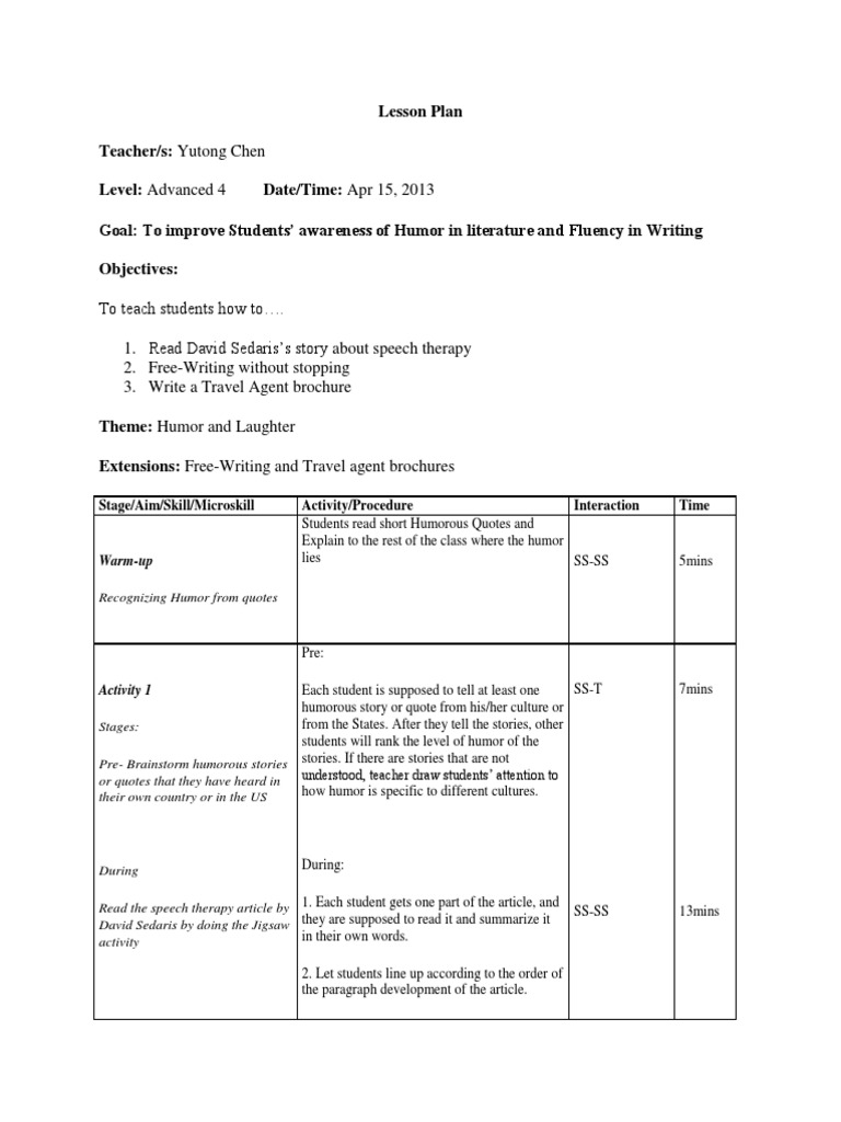 Lesson Plan Humor | PDF | Humour | Brainstorming