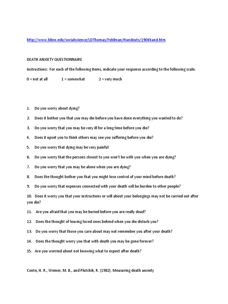 Death Anxiety Questionnaire Overview | PDF