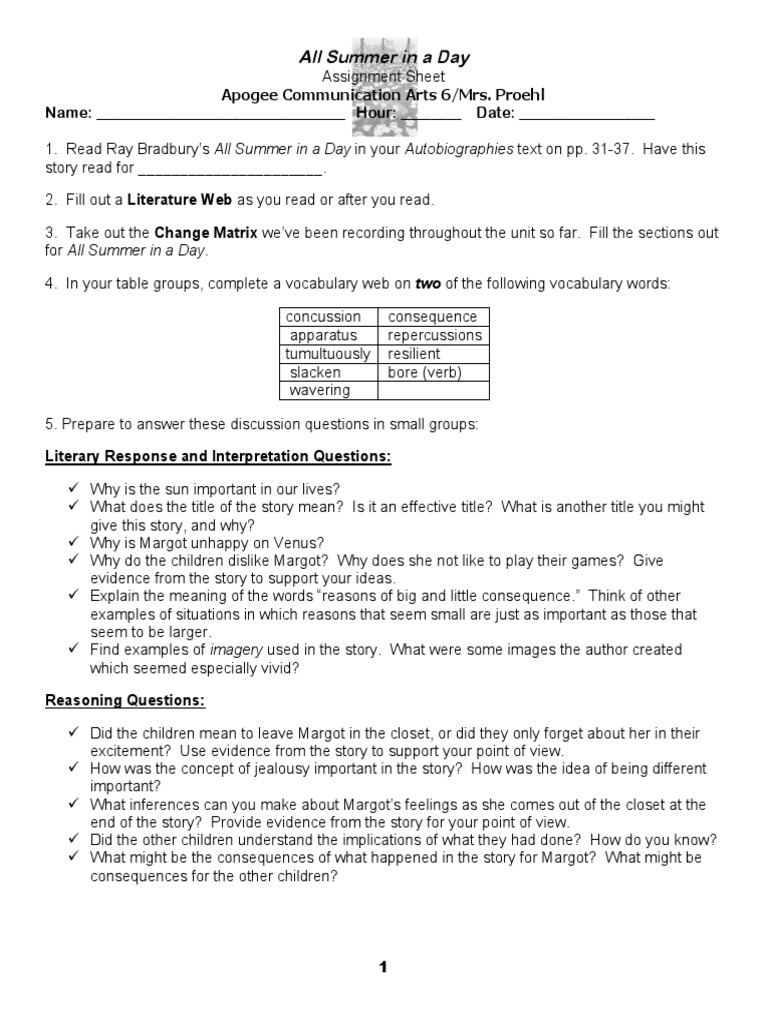 All Summer in a Day Assignment Guide | PDF | Venus | Planets