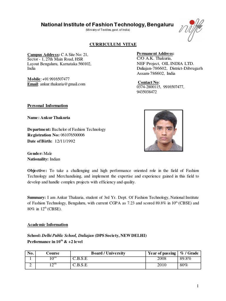 Ankur NIFT CV (Original) | PDF