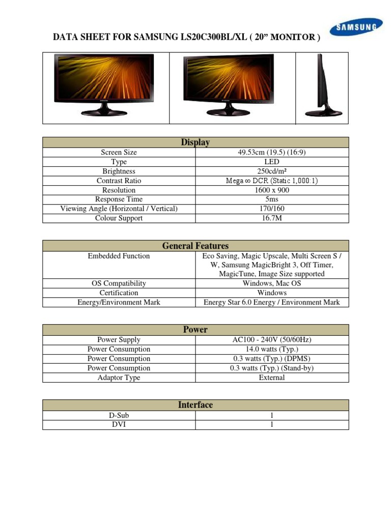 Data Sheet For Samsung LED Monitor LS20C300BL/XL | PDF | Teaching ...