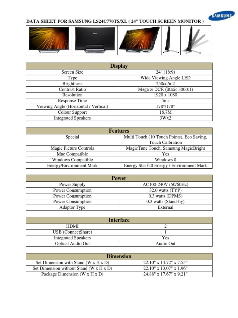 Data Sheet For Samsung LED Touch Screen Monitor LS24C770TS/XL | PDF
