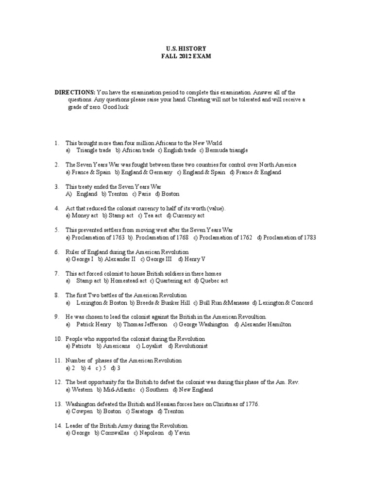 U.S. History Fall 2012 Exam Questions | PDF | Abolitionism In The ...