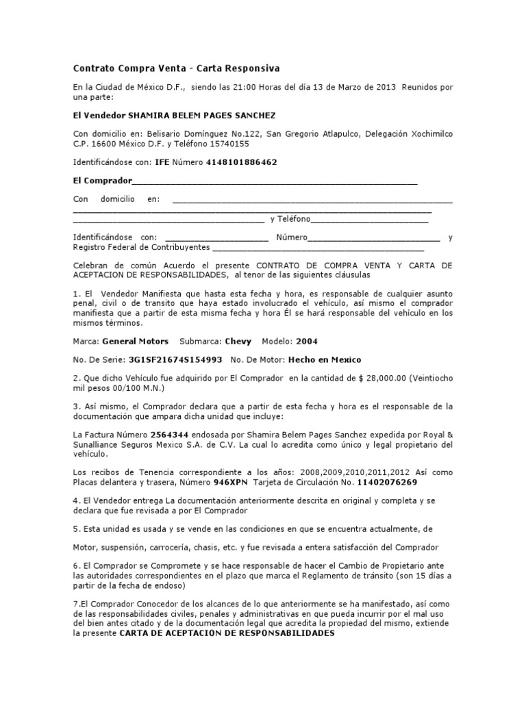 Carta Compra Venta Auto | PDF | Derecho