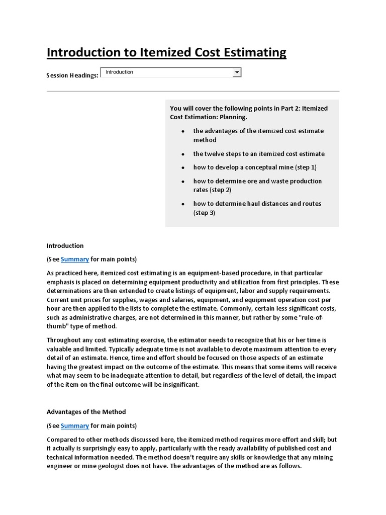 Introduction To Itemized Cost Estimating | PDF | Estimation | Mining