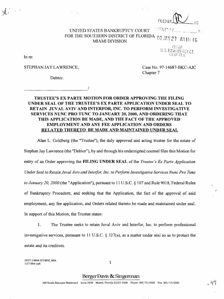 Juval Aviv Sealed Bankruptcy Court Papers | PDF | Trustee | Bankruptcy