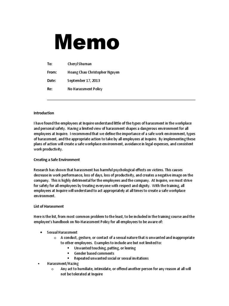 Memo Noharassmentfinal | Harassment | Sexual Harassment