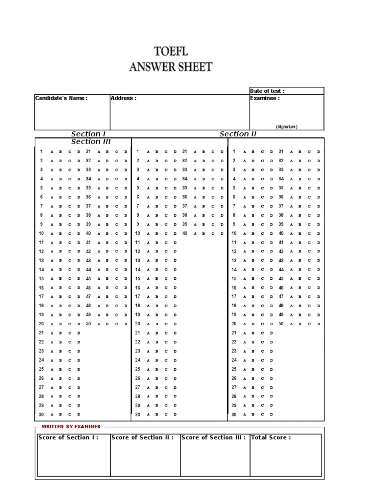 TOEFL Answer Sheet 22 | PDF | Standardized Tests