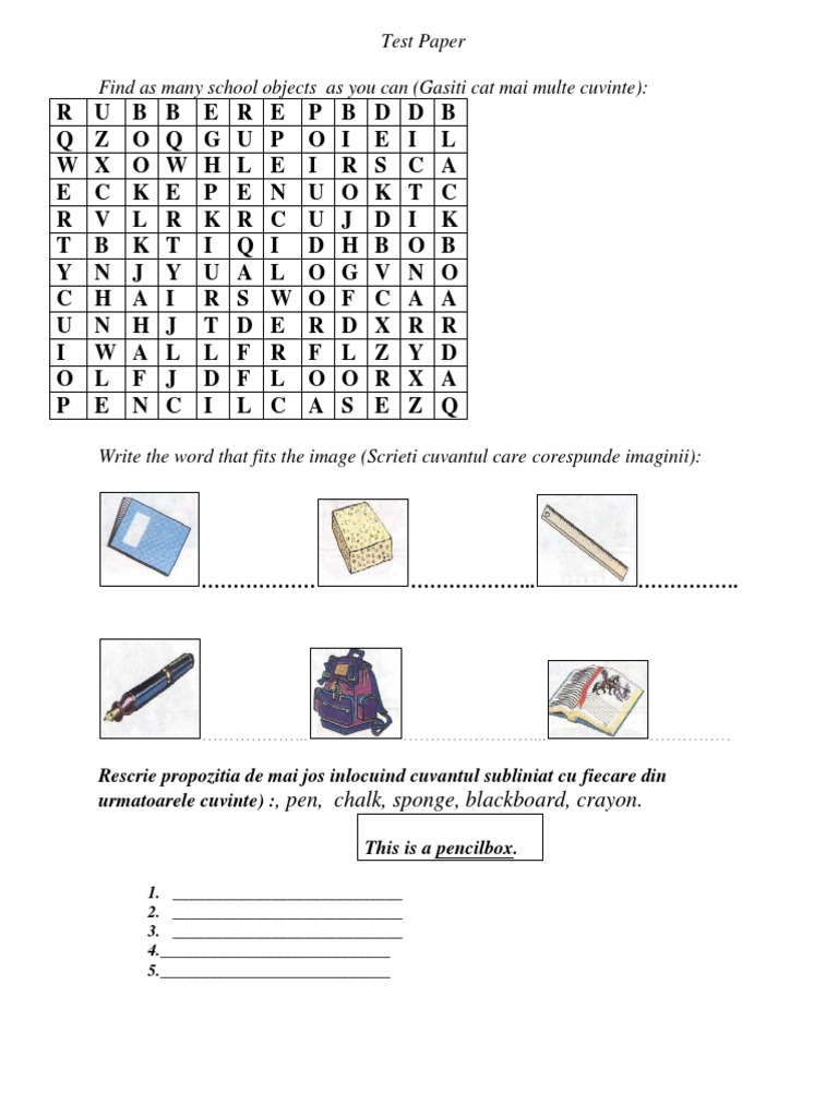 Test Paper Find As Many School Objects As You Can (Gasiti Cat Mai Multe ...