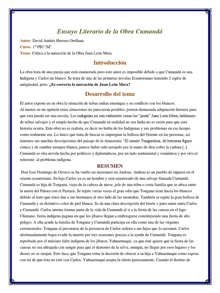 Ensayo Literario de La Obra Cumandá | PDF