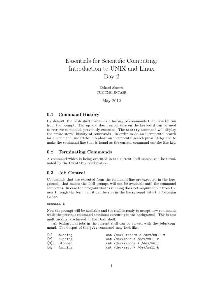 An Introduction to Command History, Job Control, Environment Variables, and Basic Text Editing ...