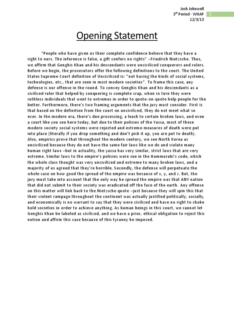 Opening Statement | PDF | Genghis Khan | Crime & Violence