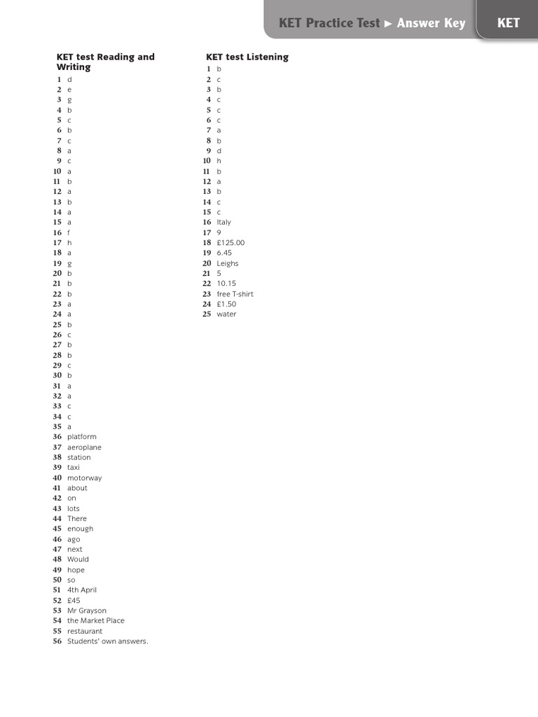 KET Practice Test Answer Key | PDF | Teaching Methods & Materials