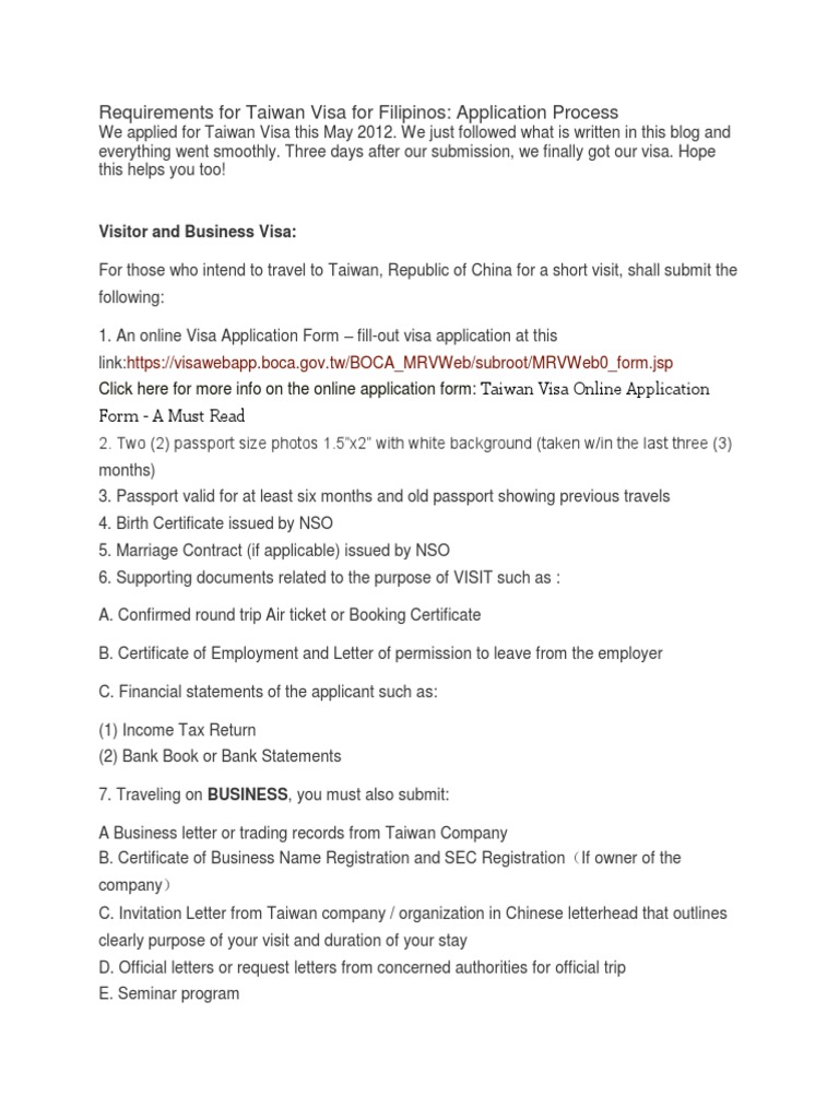 Requirements for Taiwan Visa for Filipinos | Travel Visa | Passport
