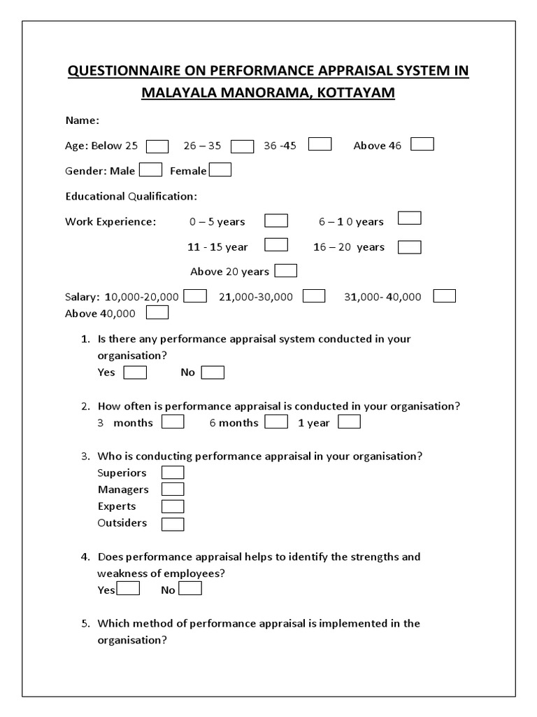 Questionnaire On Performance Appraisal System in Malayala Manorama ...