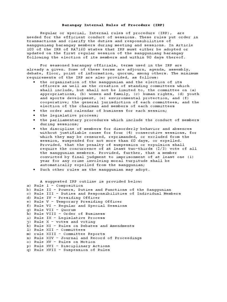 Barangay Internal Rules of Procedure - Outline | PDF | Quorum | Parliamentary Procedure