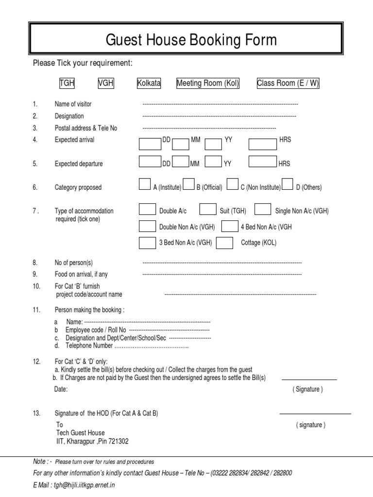 IIT Kharagpur Guest House Booking Form | PDF