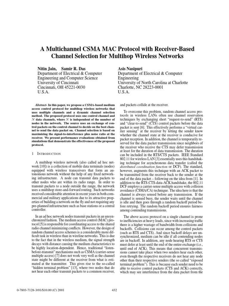 A Multichannel CSMA MAC Protocol With Receiver-Based Channel Selection For Multihop Wireless ...
