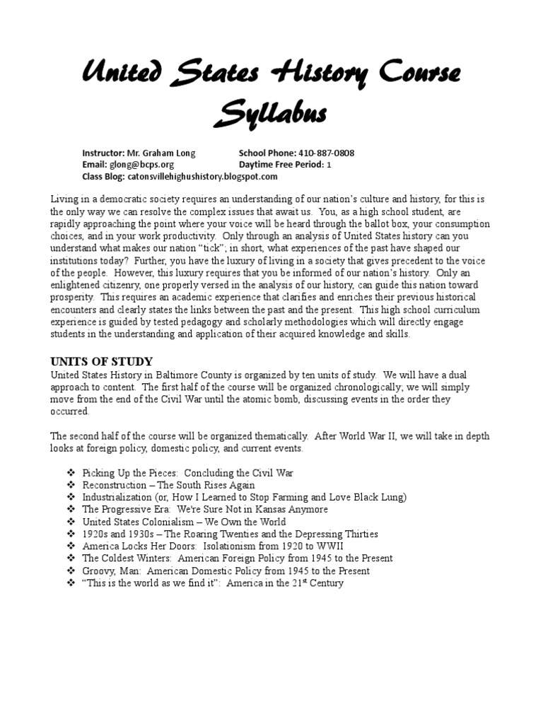 United States History Course Syllabus: Units of Study | PDF | Homework ...