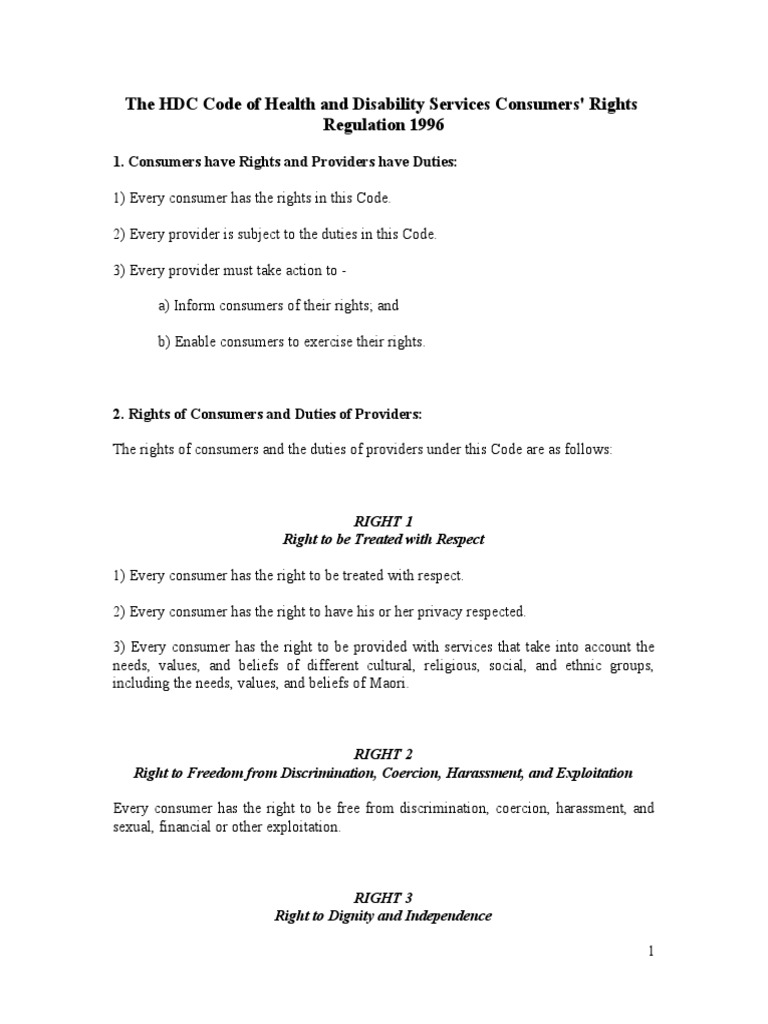 The Hdc Code of Health and Disability Services Consumers Rights ...