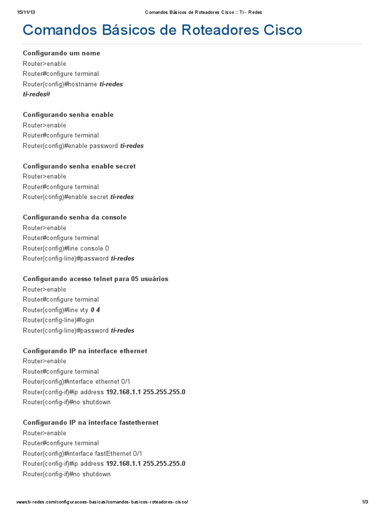 Comandos Básicos de Roteadores Cisco | PDF | Enrutador (Computación ...