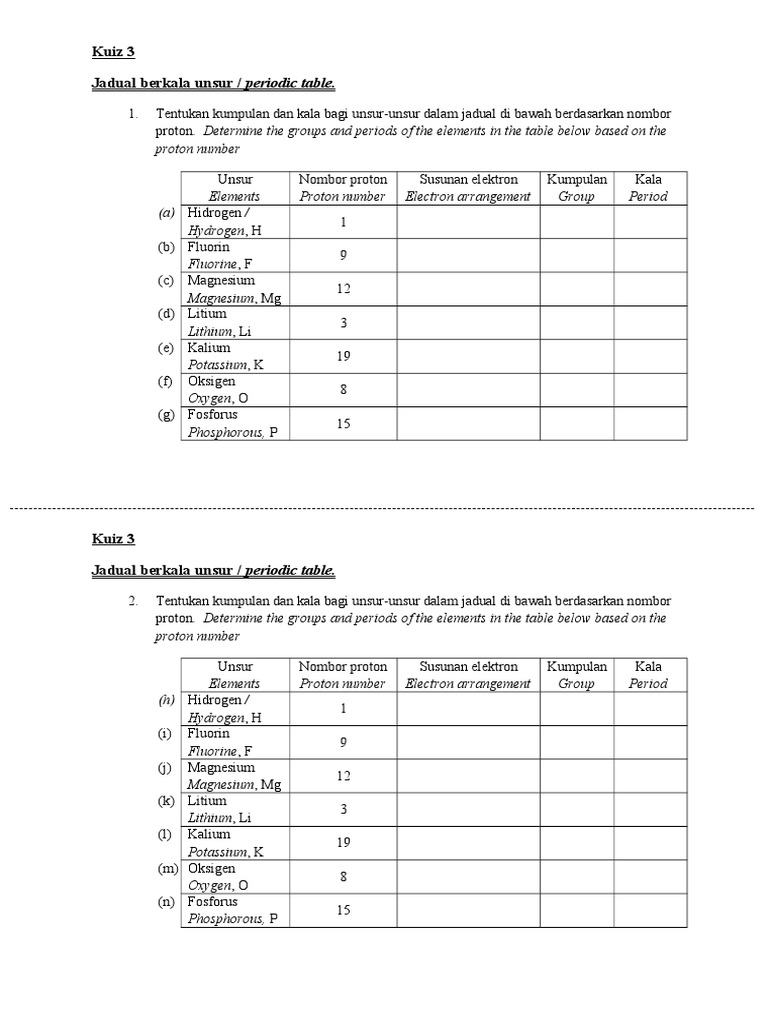 Kuiz Jadual Berkala Unsur Kimia | PDF | Science & Mathematics