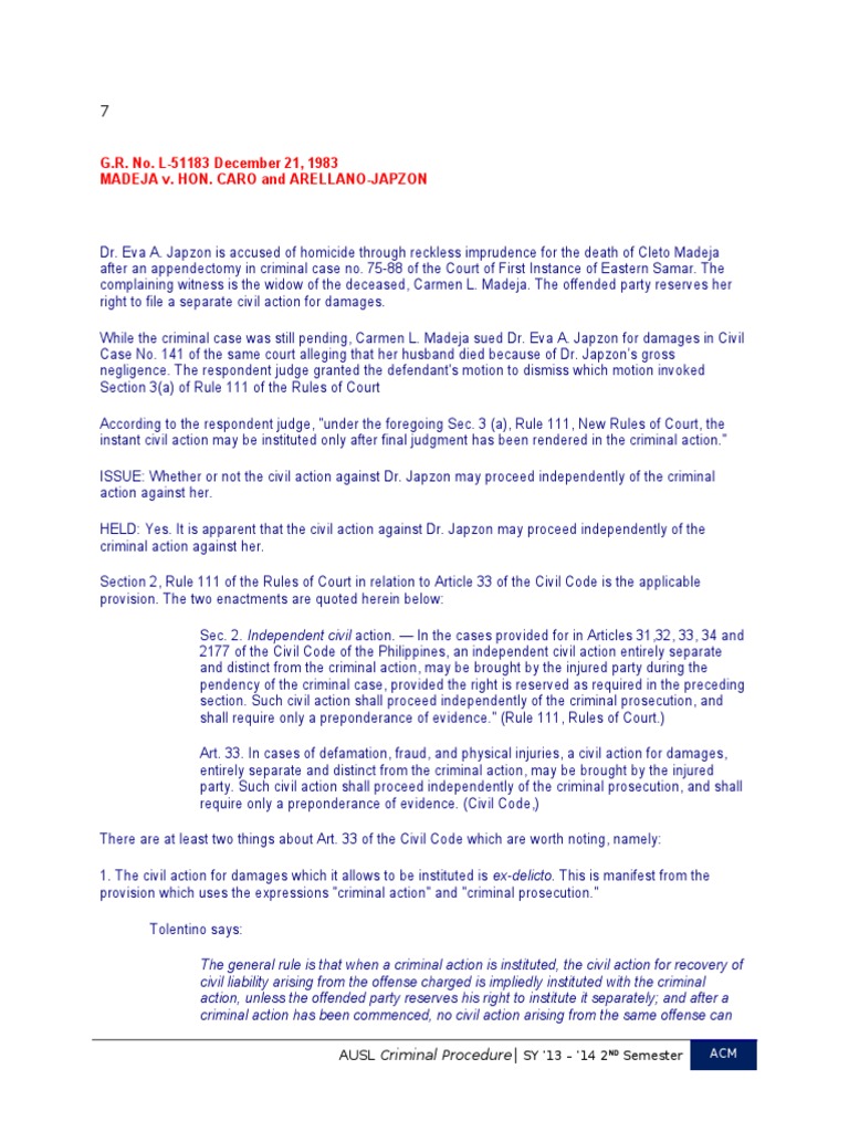 Independent Civil Action for Damages May Proceed Despite Pending ...